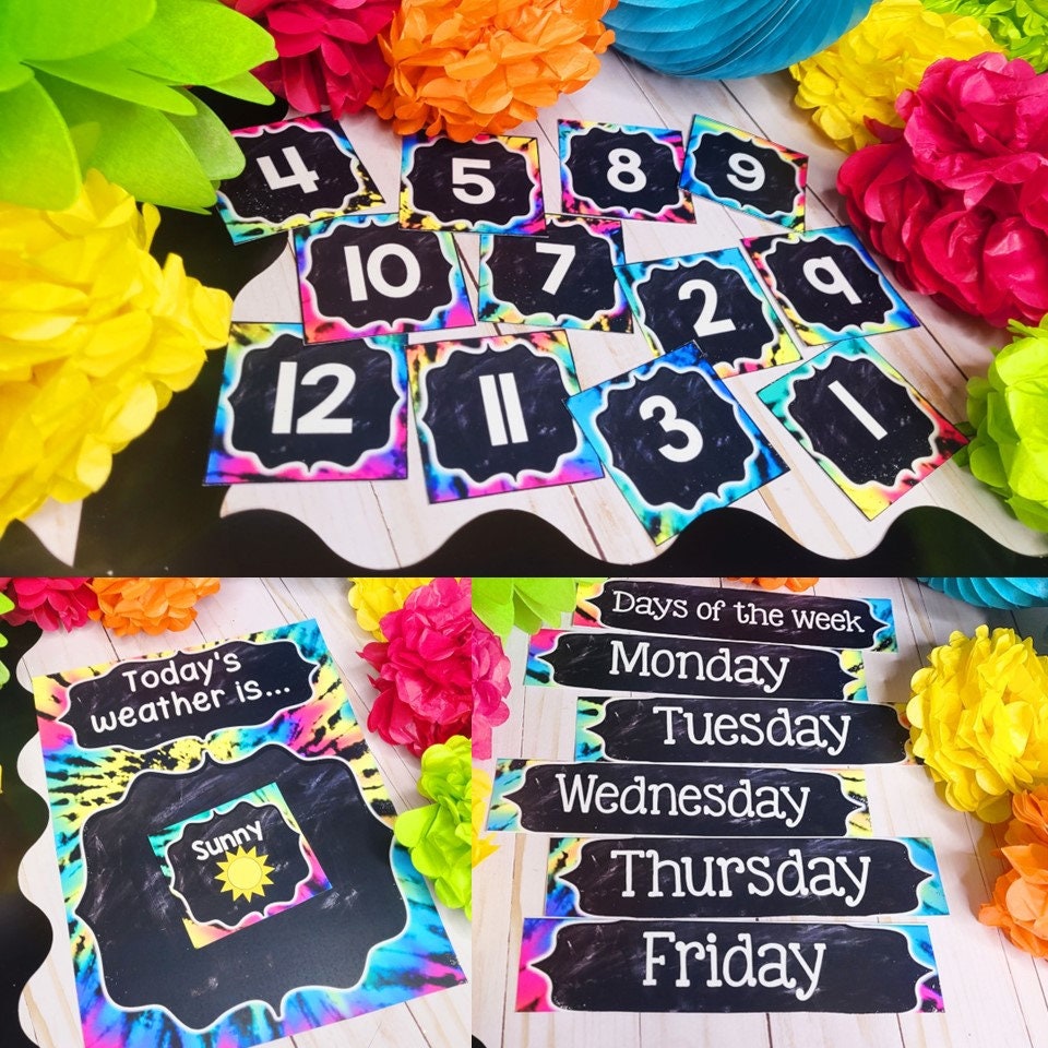 Tie Dye Retro Classroom Calendar & Weather Display Set Groovy Bright ...