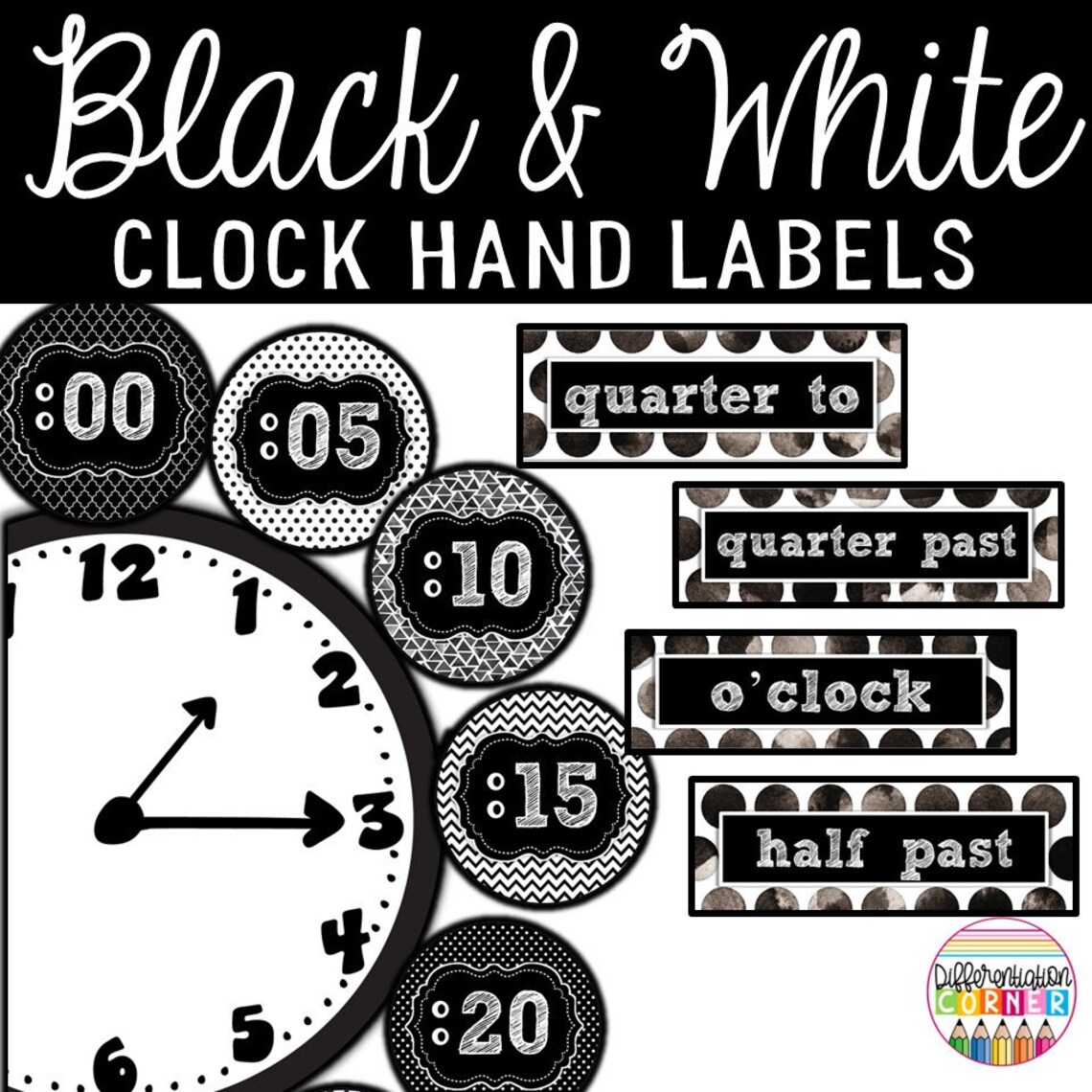 PRINTABLE Clock Label Numbers in 5 Minute Intervals Black and White ...