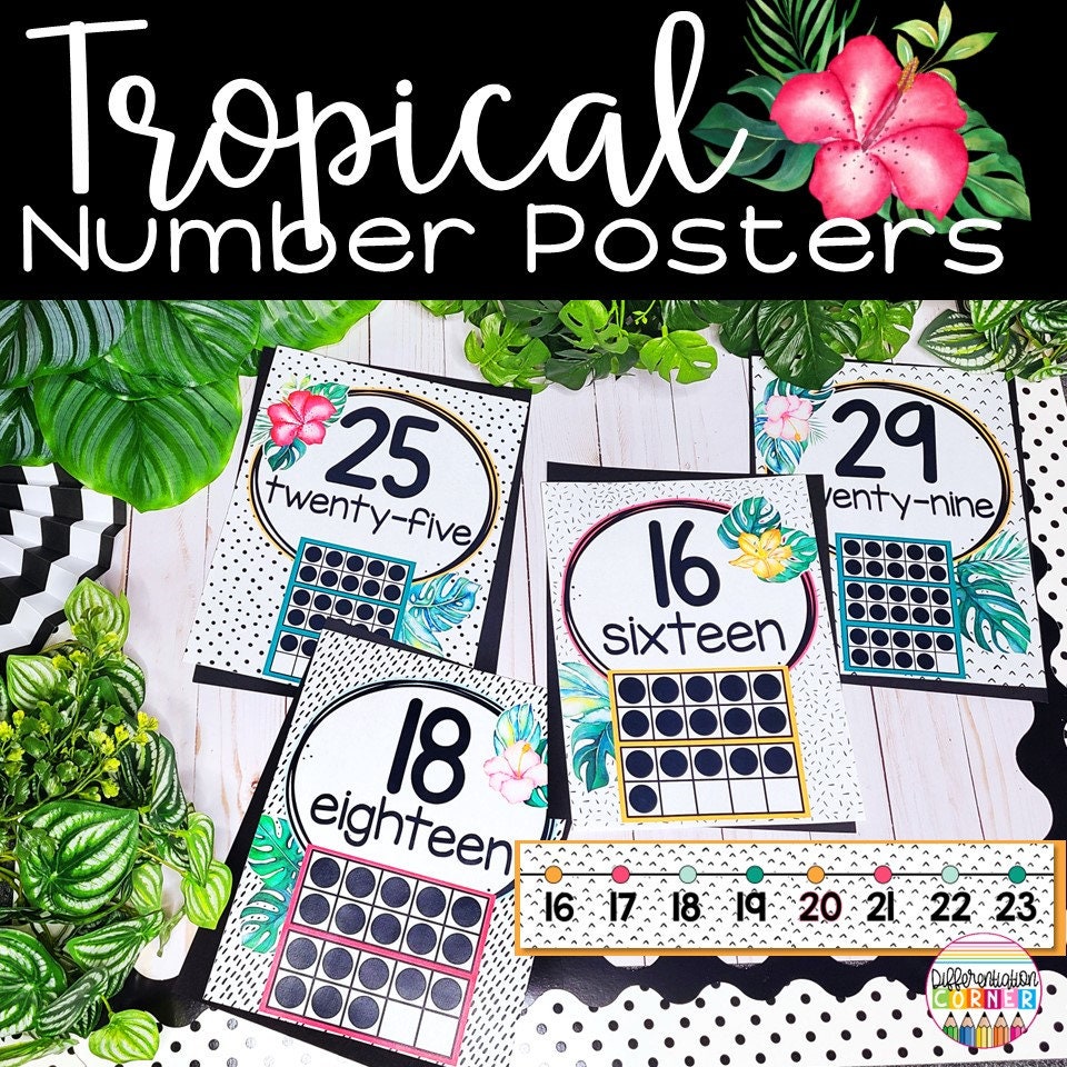 Number Posters 0-30 Number Line With Negative Numbers Tropical ...