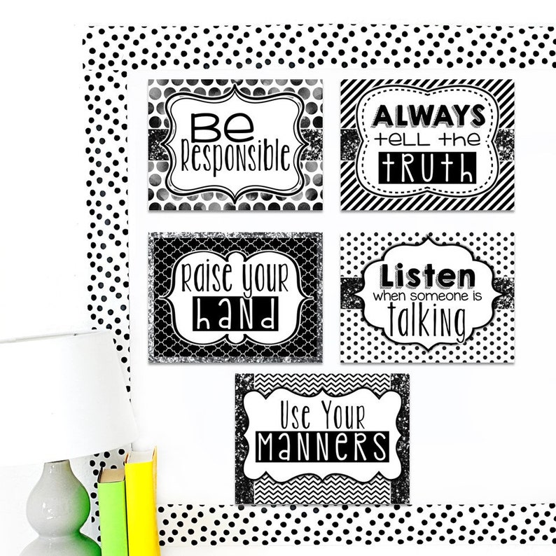 Editable Black and White Classroom Rules Posters Black and White ...