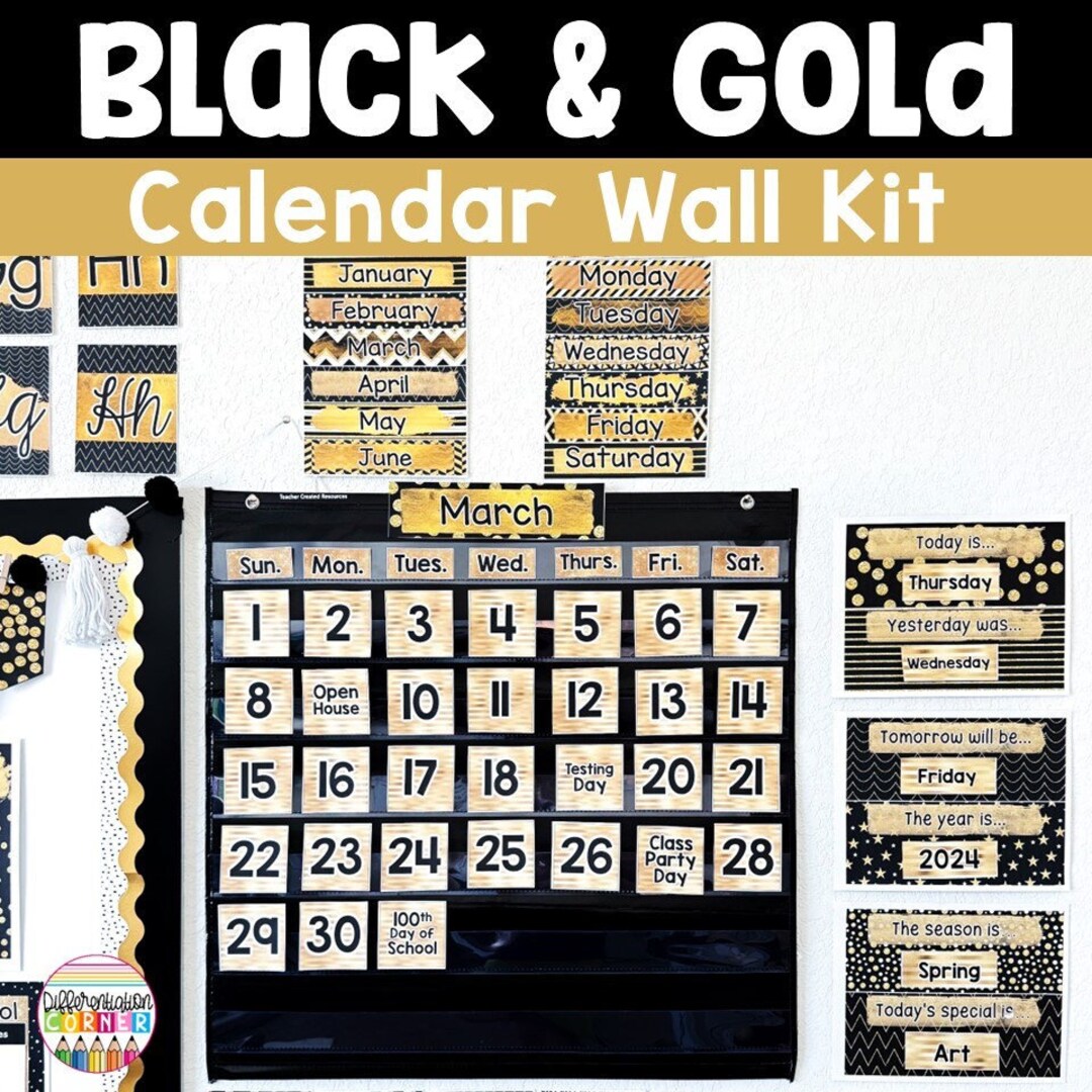 Black and Gold Classroom Calendar Set & Weather Display Black and Gold ...