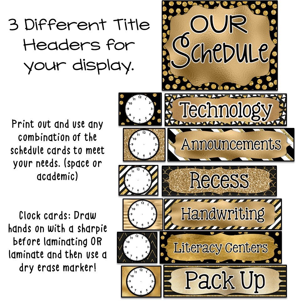 Editable Daily Schedule Cards Black and Gold Classroom Decor Printable ...