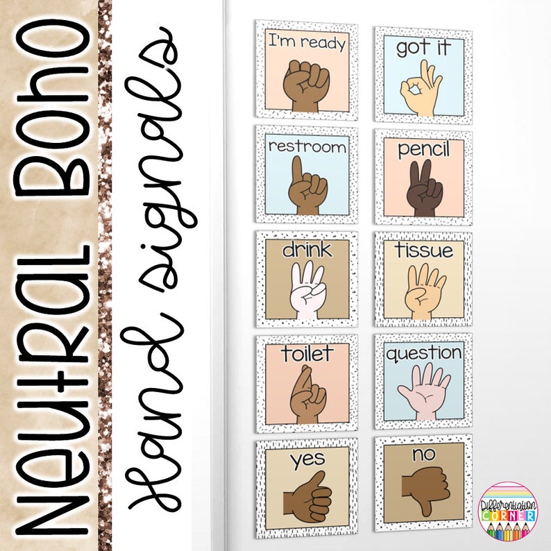 Classroom Hand Signal Posters, Neutral Boho Classroom Decor, Editable ...
