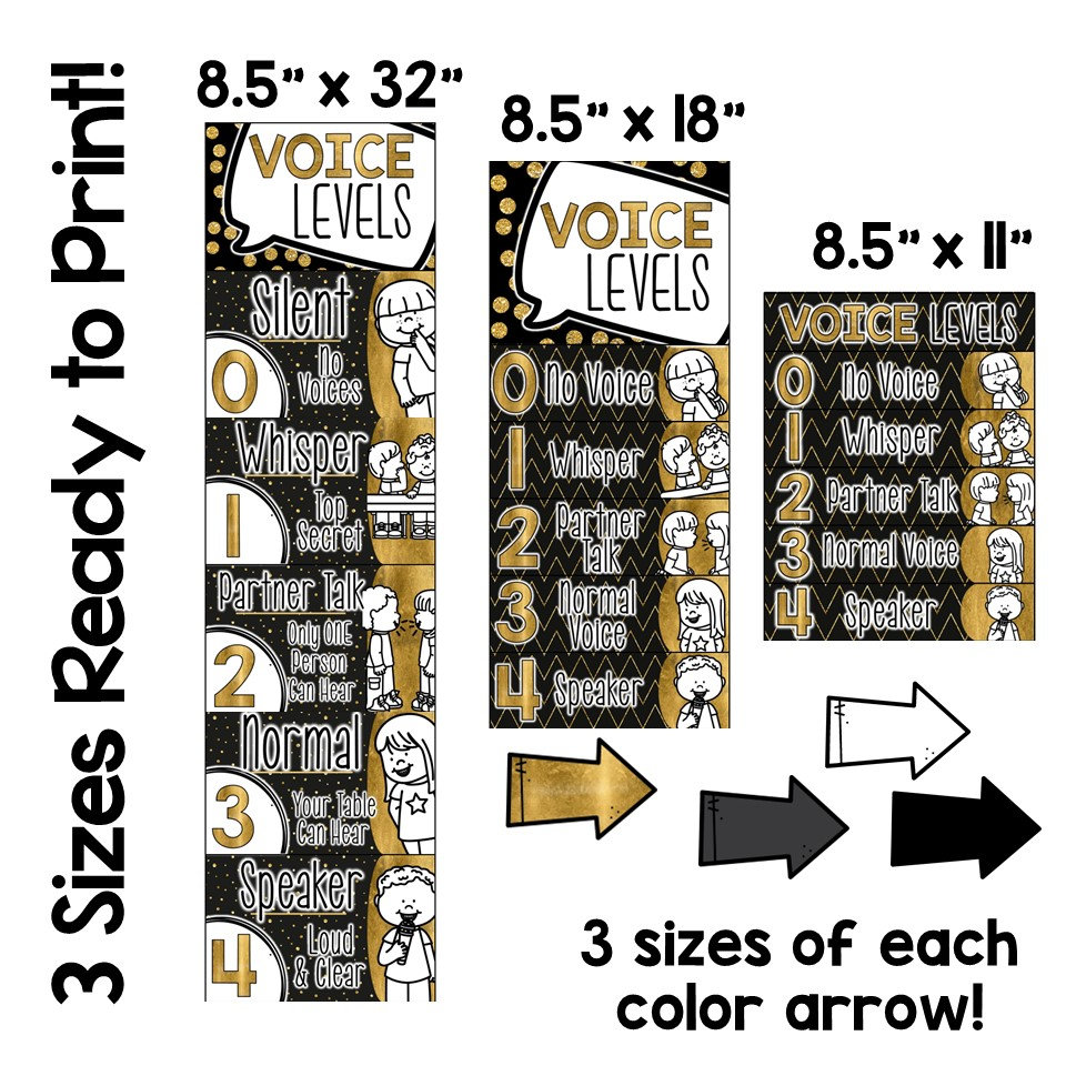 Printable Voice Level Chart Posters Black and Gold Classroom Decor ...