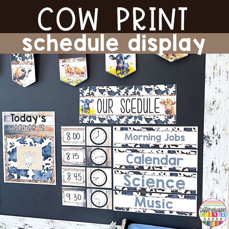 Editable Daily Schedule Cards Cow Print Farmhouse Classroom Decor ...
