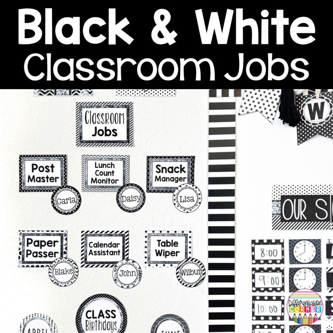 Editable Classroom Jobs Chart Template Black and White Classroom Decor ...