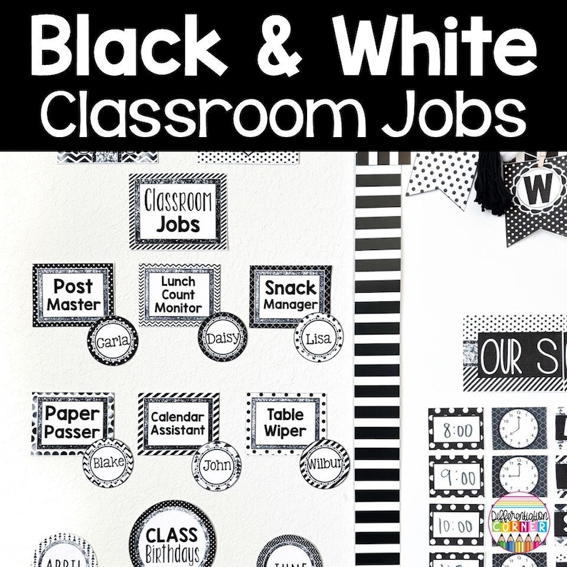 Editable Classroom Jobs Chart Template Black and White Classroom Decor ...