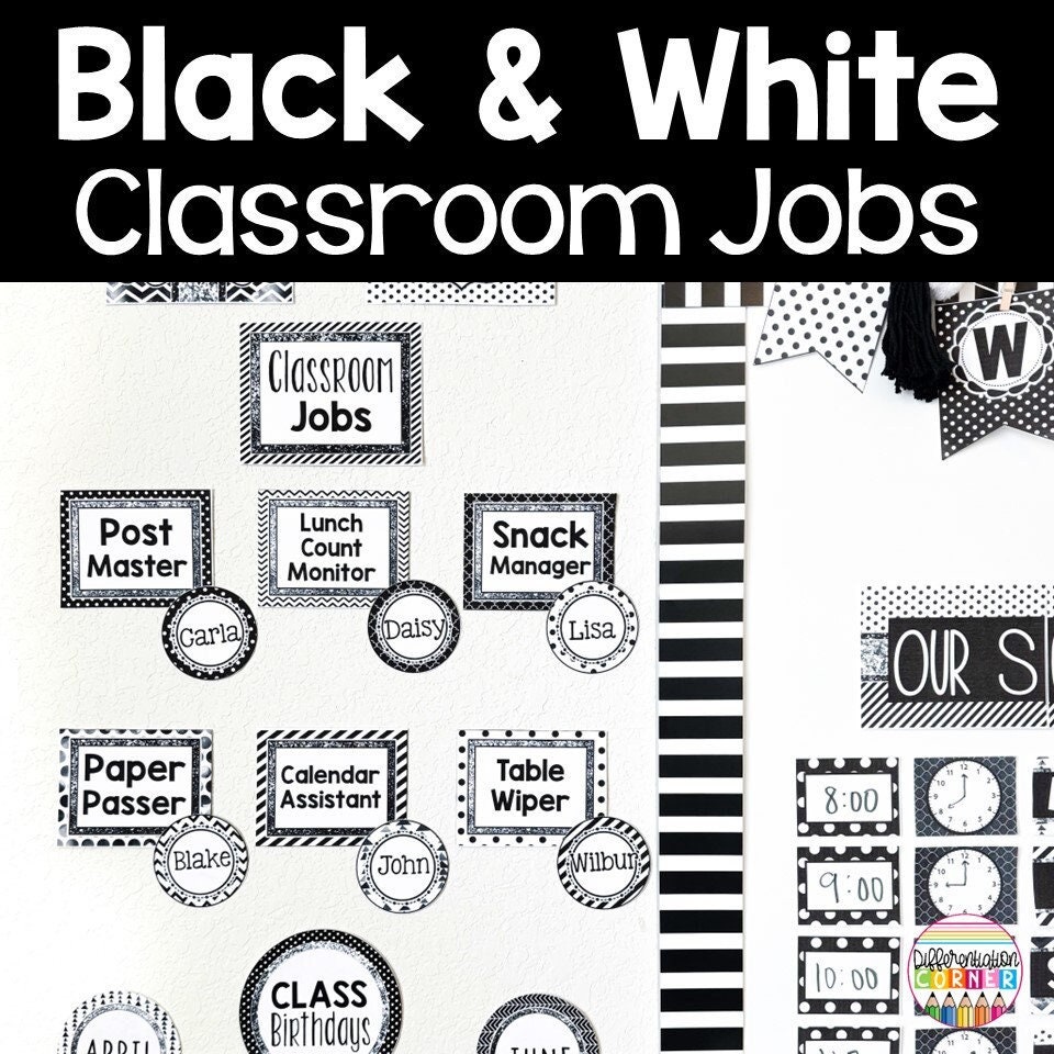 Editable Classroom Jobs Chart Template Black and White Classroom Decor ...