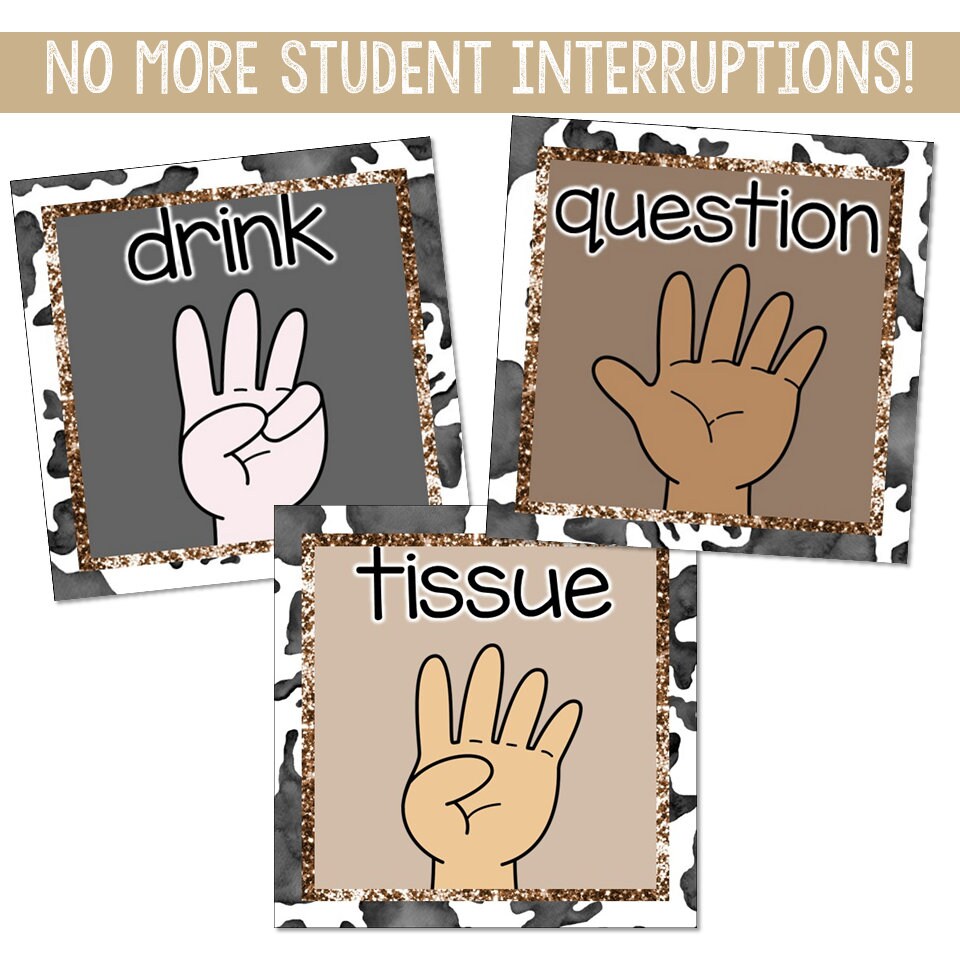 Classroom Hand Signal Posters, Cow Print Classroom Decor, Editable Hand ...
