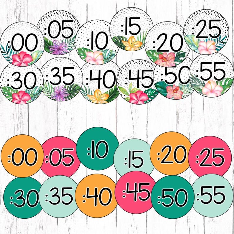 PRINTABLE Tropical Clock Label Numbers in 5 Minute Intervals | Tropical ...
