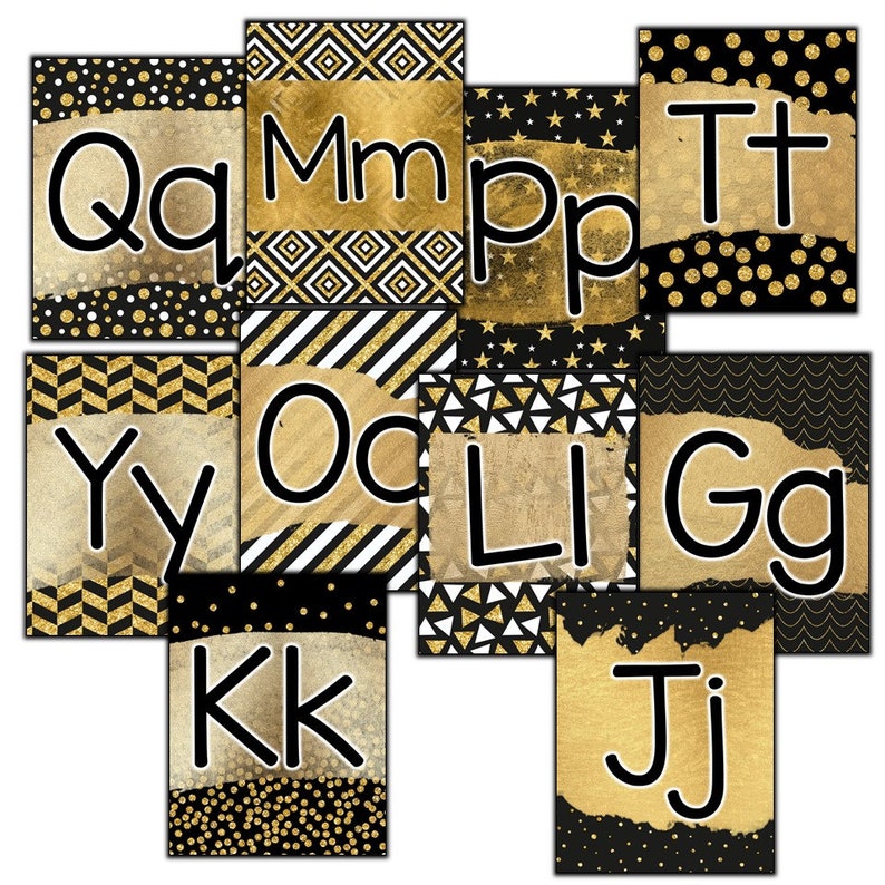 Cursive and Print Alphabet Posters for the Classroom Black and Gold ...