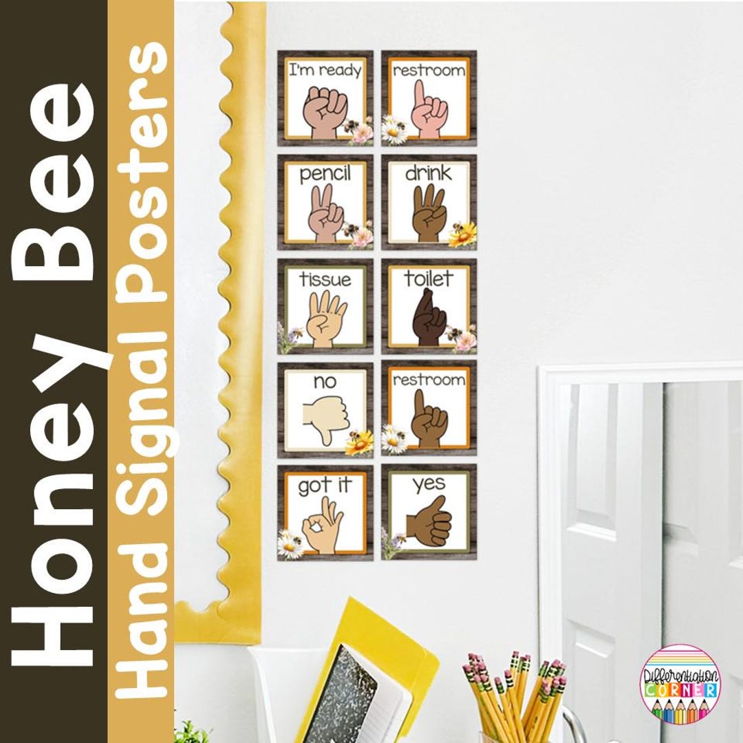 Classroom Hand Signal Posters, Bee Classroom Decor, Editable Hand ...