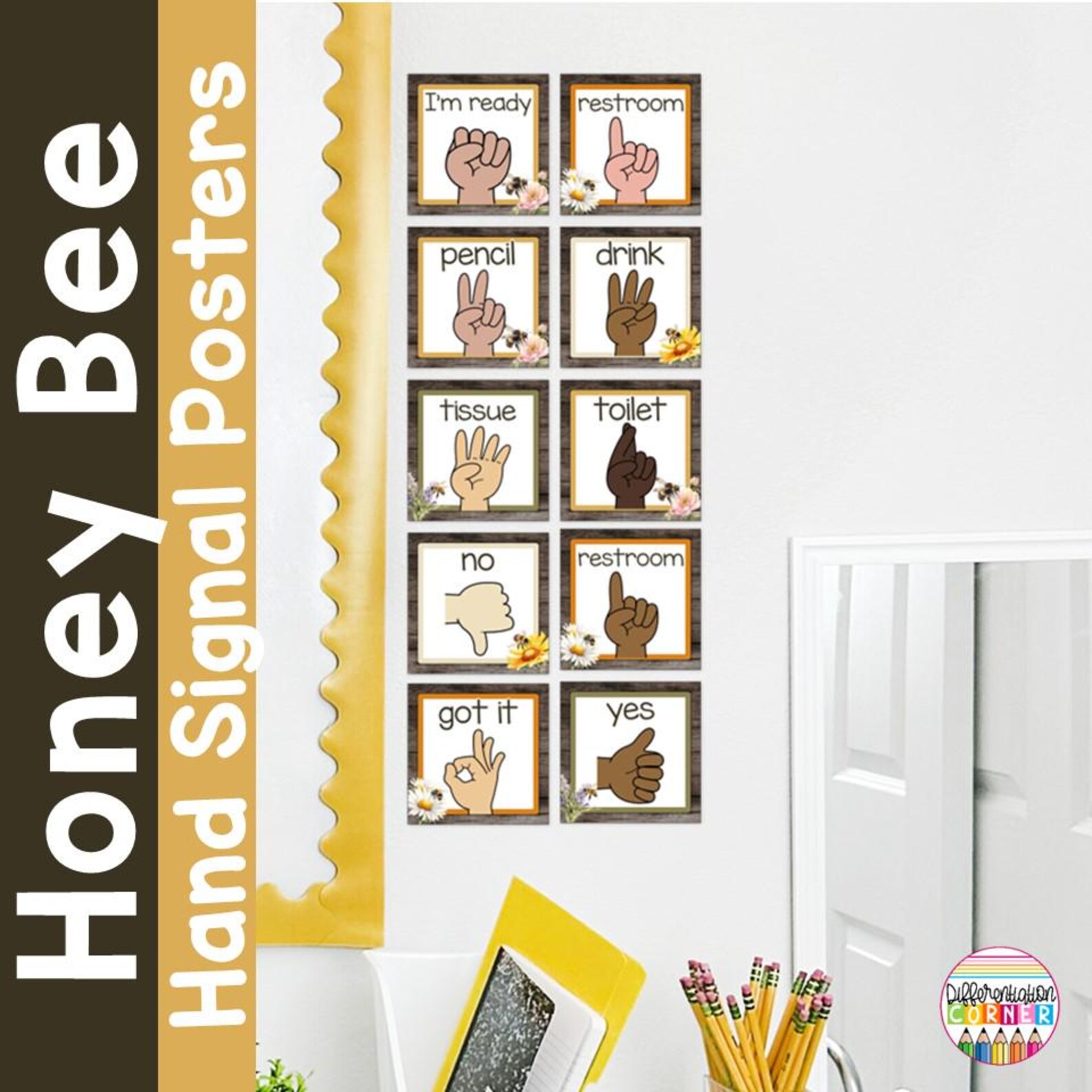 Classroom Hand Signal Posters, Bee Classroom Decor, Editable Hand ...