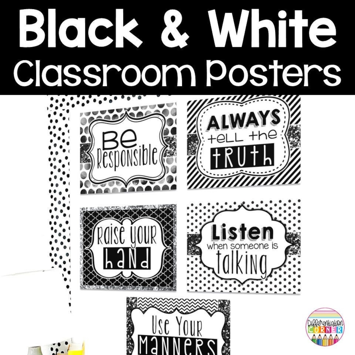Editable Black and White Classroom Rules Posters Black and White ...