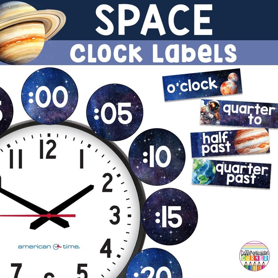 Space Clock Label Numbers in 5 Minute Intervals | Space Classroom Decor ...