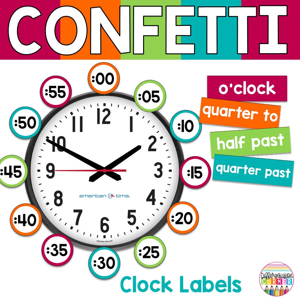 PRINTABLE Confetti Rainbow Clock Label Numbers in 5 Minute Intervals ...