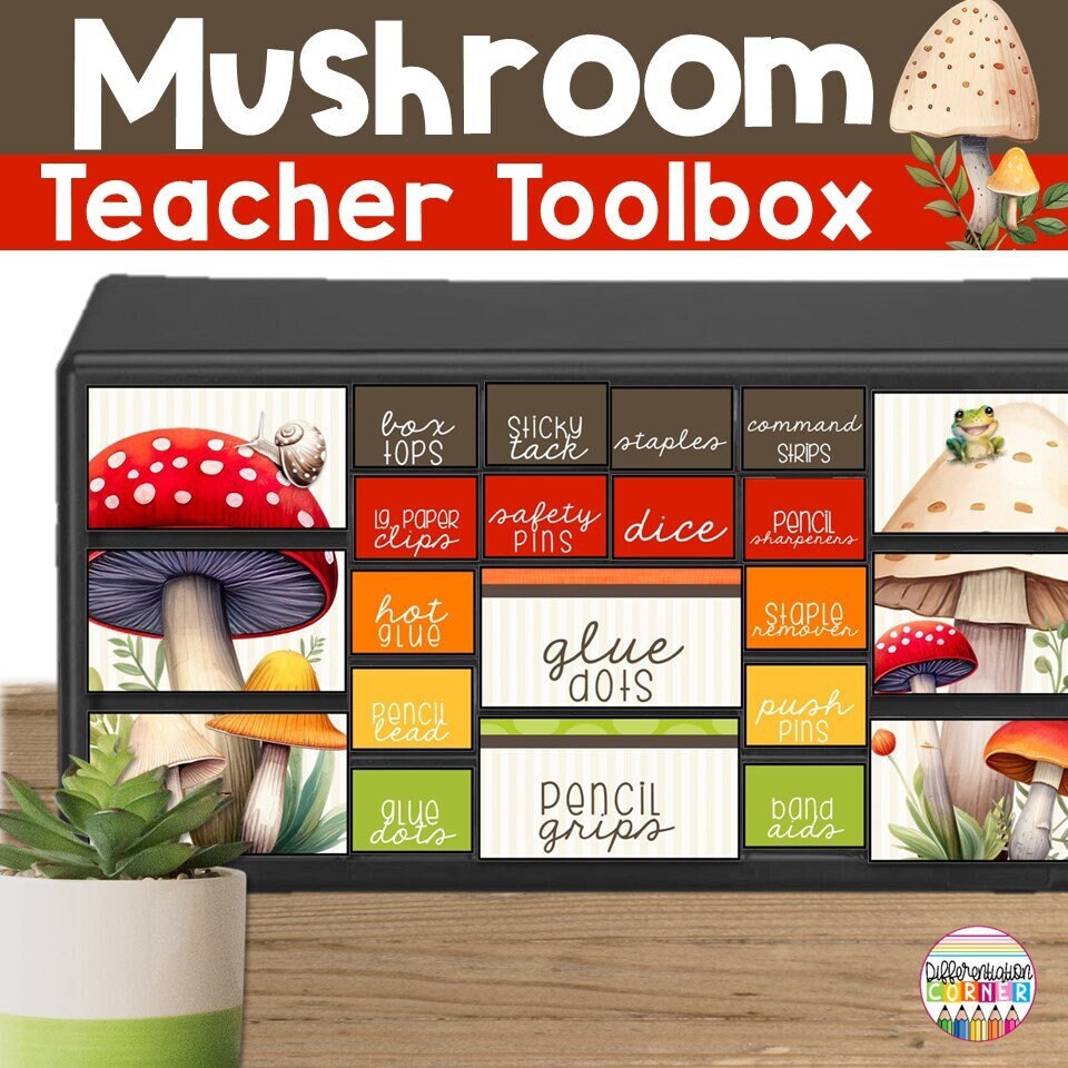 Mushroom Teacher Tool Box Labels Retro Classroom Decor Teacher Toolbox ...