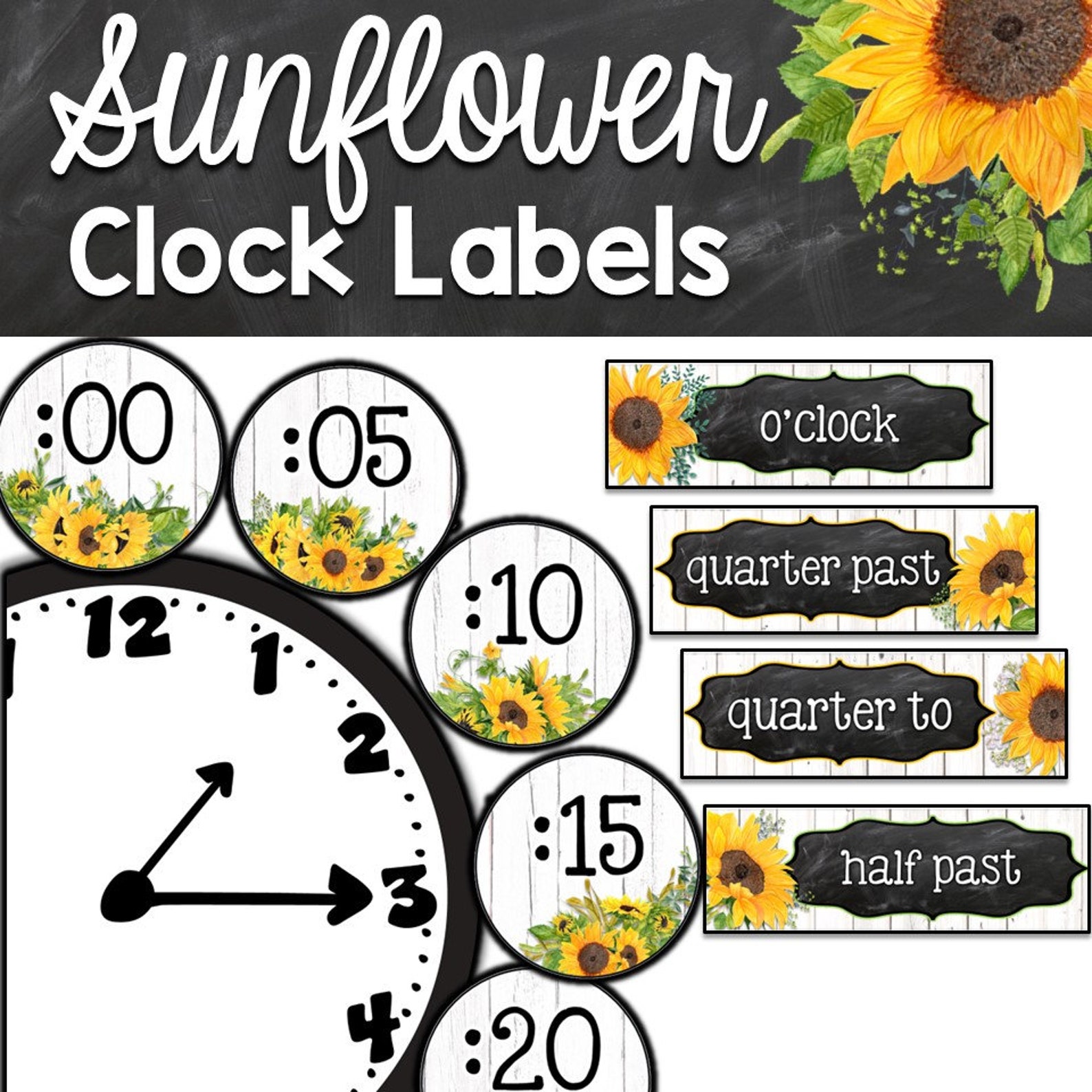 PRINTABLE Clock Label Numbers in 5 Minute Intervals Sunflower Farmhouse ...