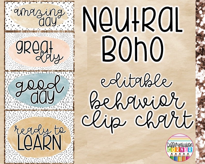 Printable Behavior Clip Chart, Neutral Boho Classroom Decor, Editable Behavior Chart for ...