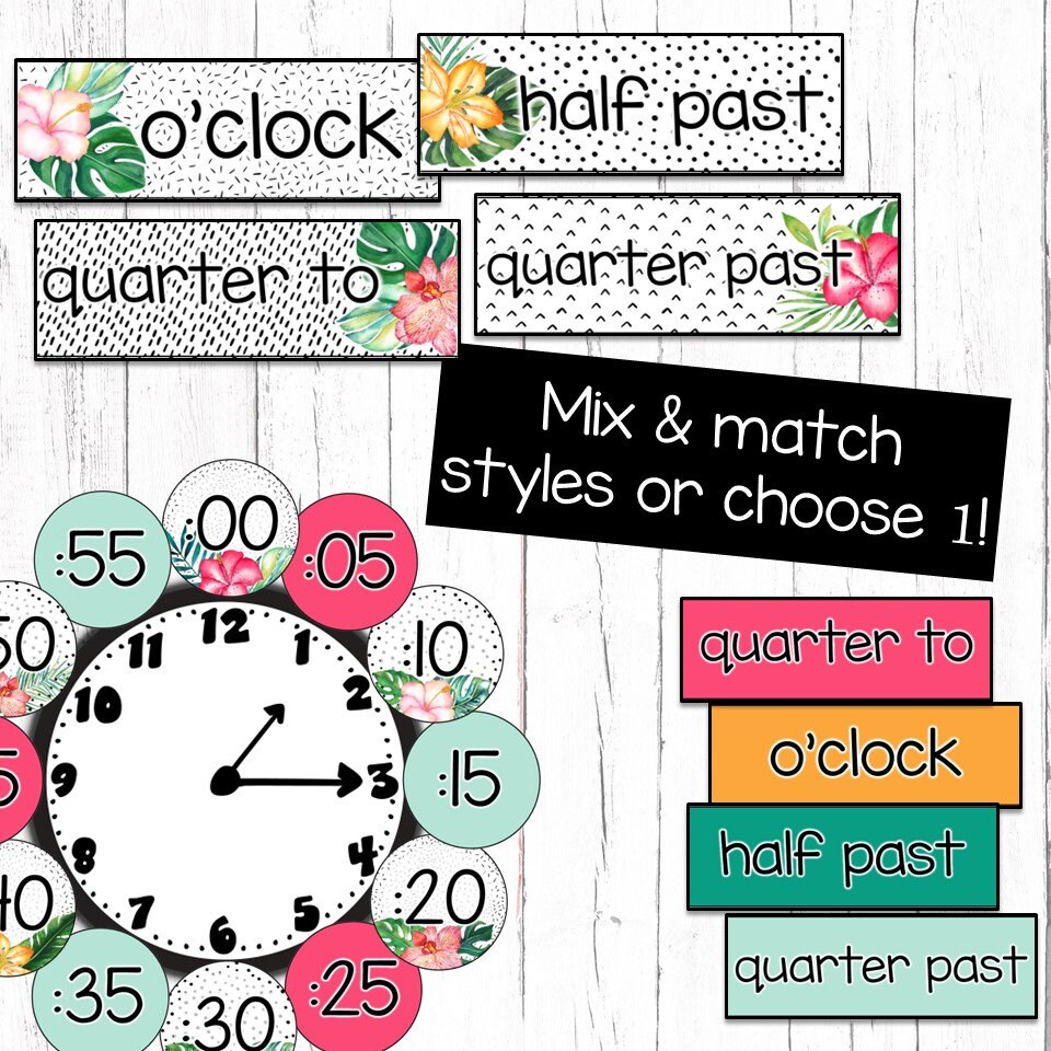 PRINTABLE Tropical Clock Label Numbers in 5 Minute Intervals Tropical ...
