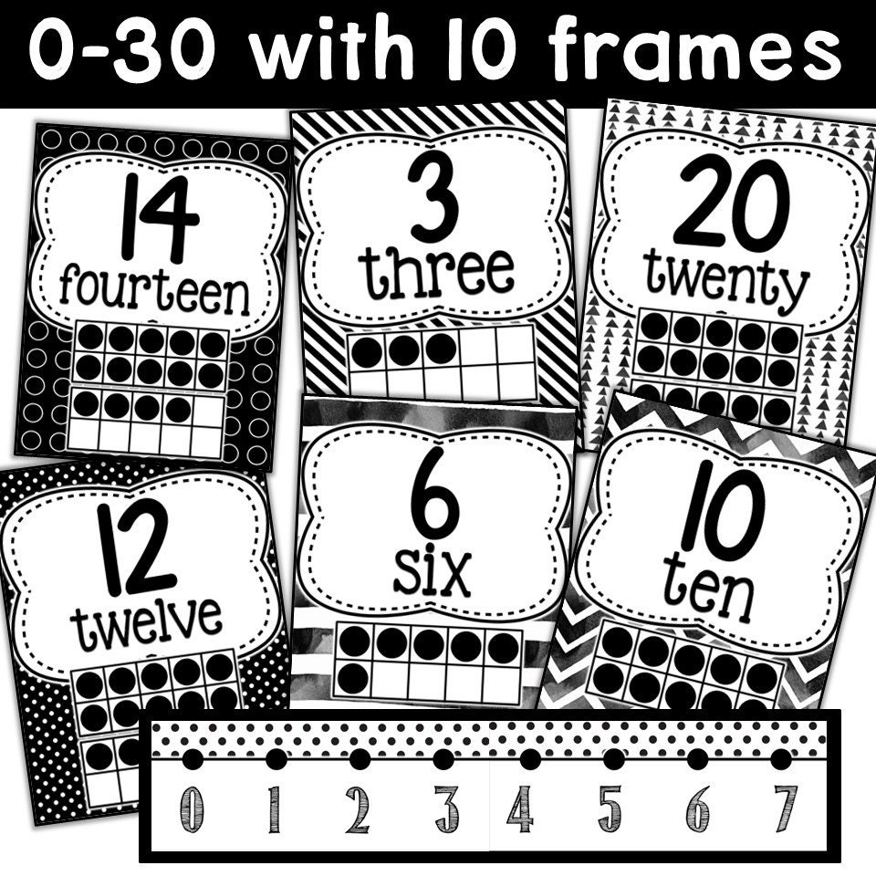 Number Posters 0-30 Number Line With Negative Numbers Black and White ...