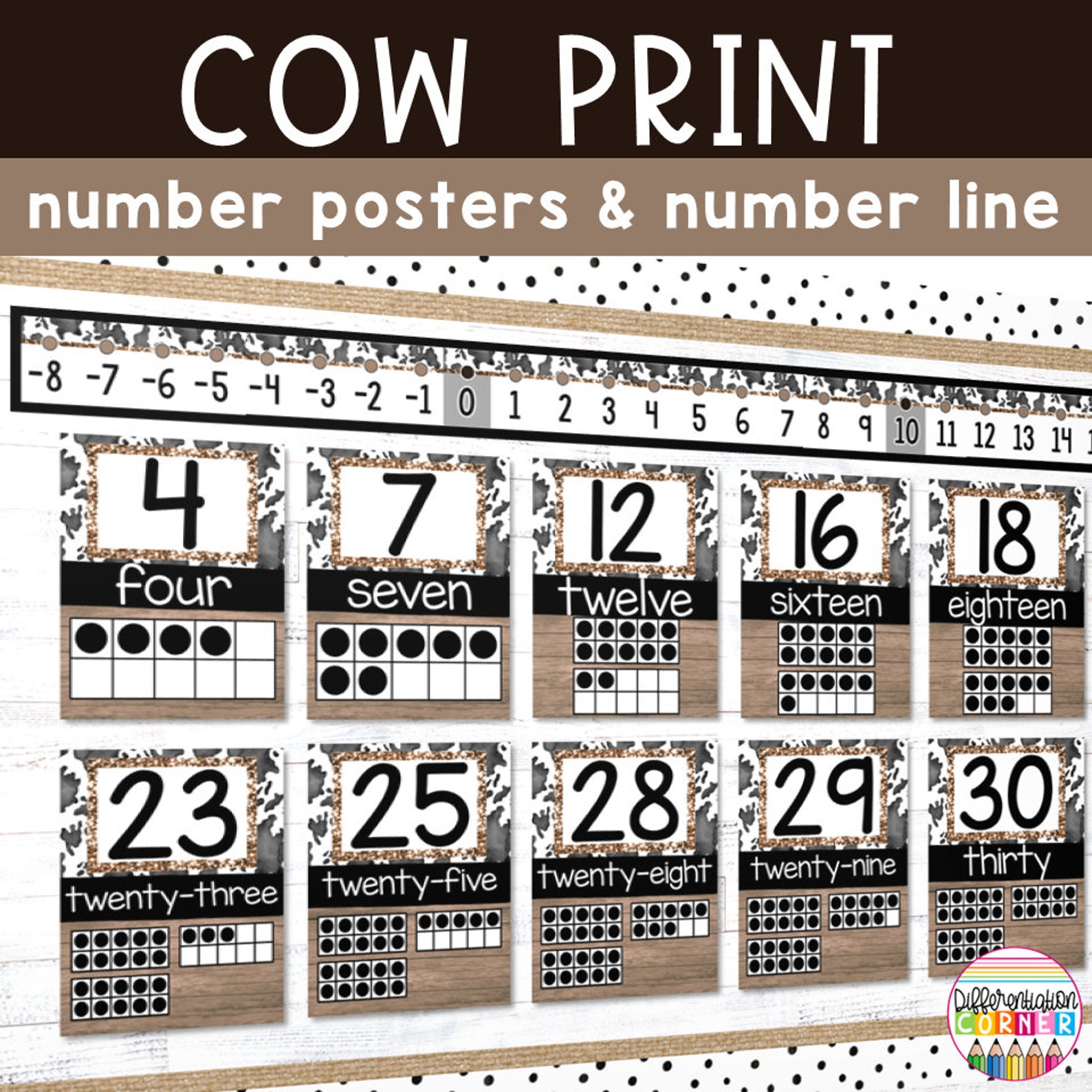 Number Posters 0-30 Number Line Negative Numbers Cow Print Farmhouse ...