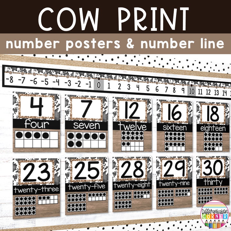 Number Posters 0-30 Number Line Negative Numbers Cow Print Farmhouse ...