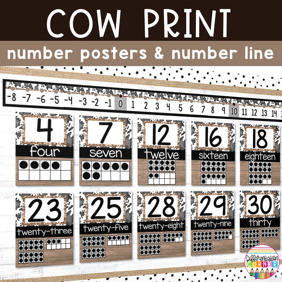 Number Posters 0-30 Number Line Negative Numbers Cow Print Farmhouse ...