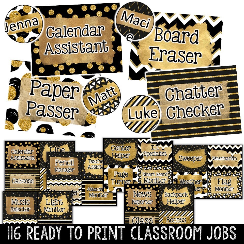 Editable Classroom Job Chart Template Black and Gold Classroom Decor ...