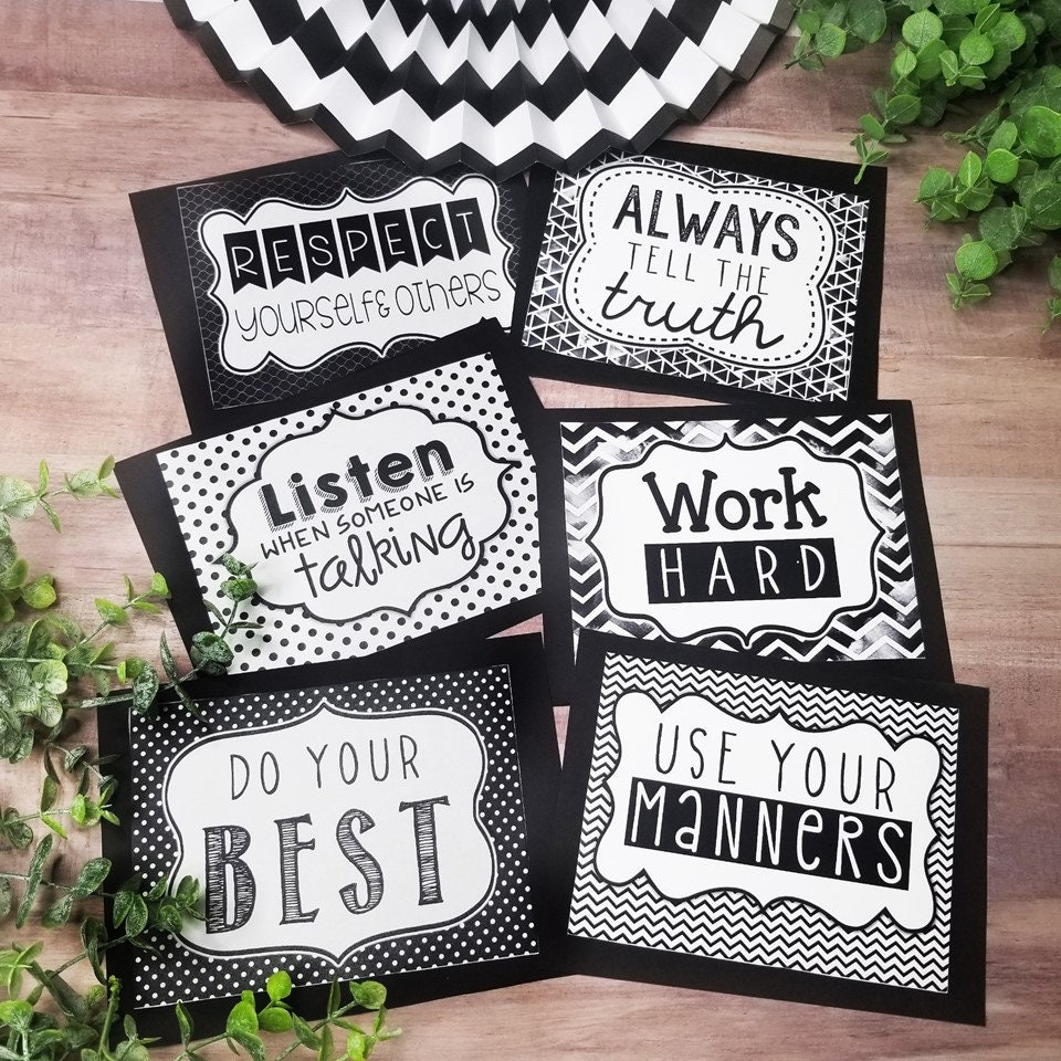 Editable Black and White Classroom Rules Posters Black and White ...