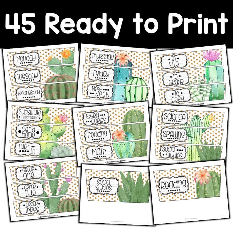 10 Drawer Cart Rolling Labels Editable Cactus Classroom Decor Succulent ...