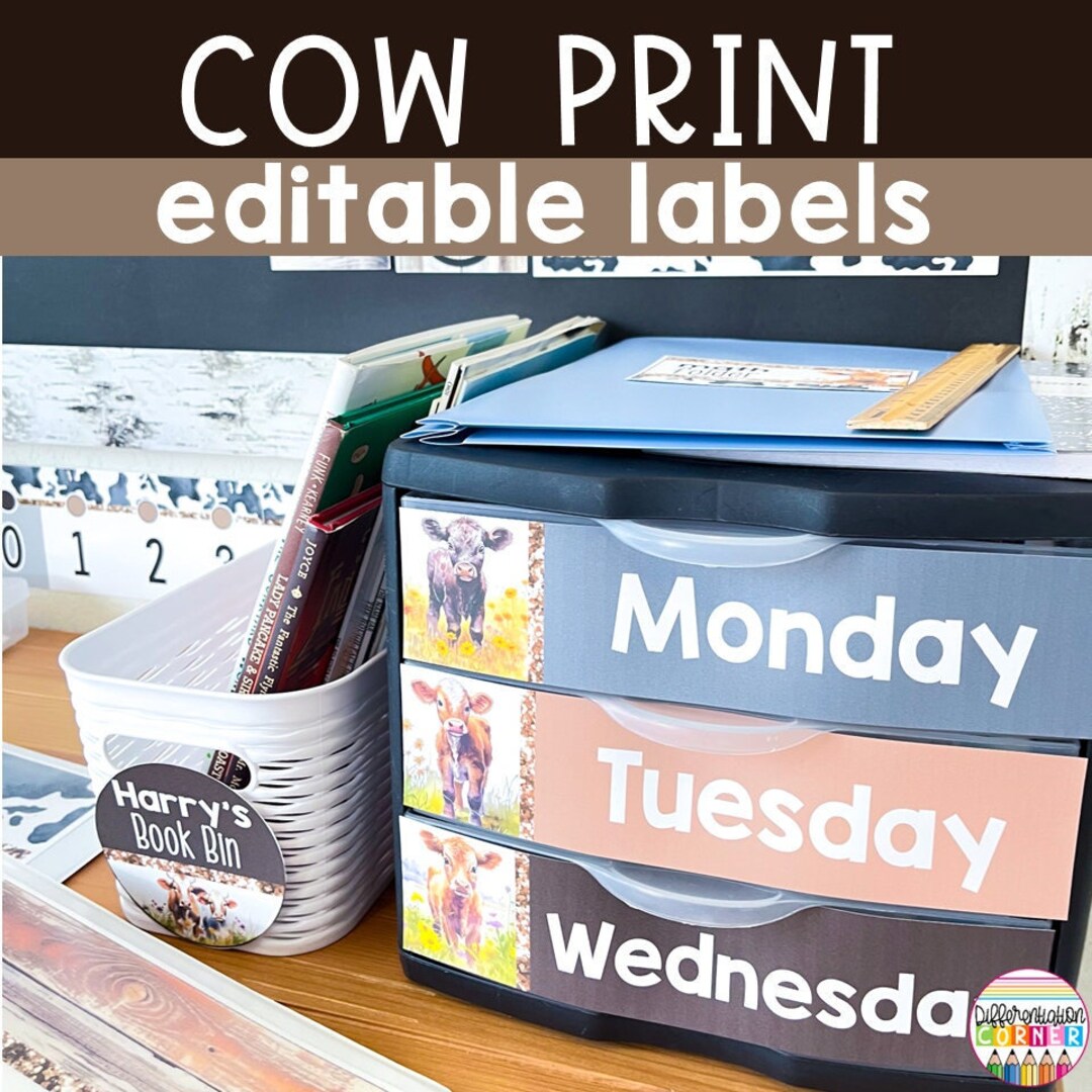 Editable Farmhouse Classroom Labels Cow Print Classroom Decor Neutral ...