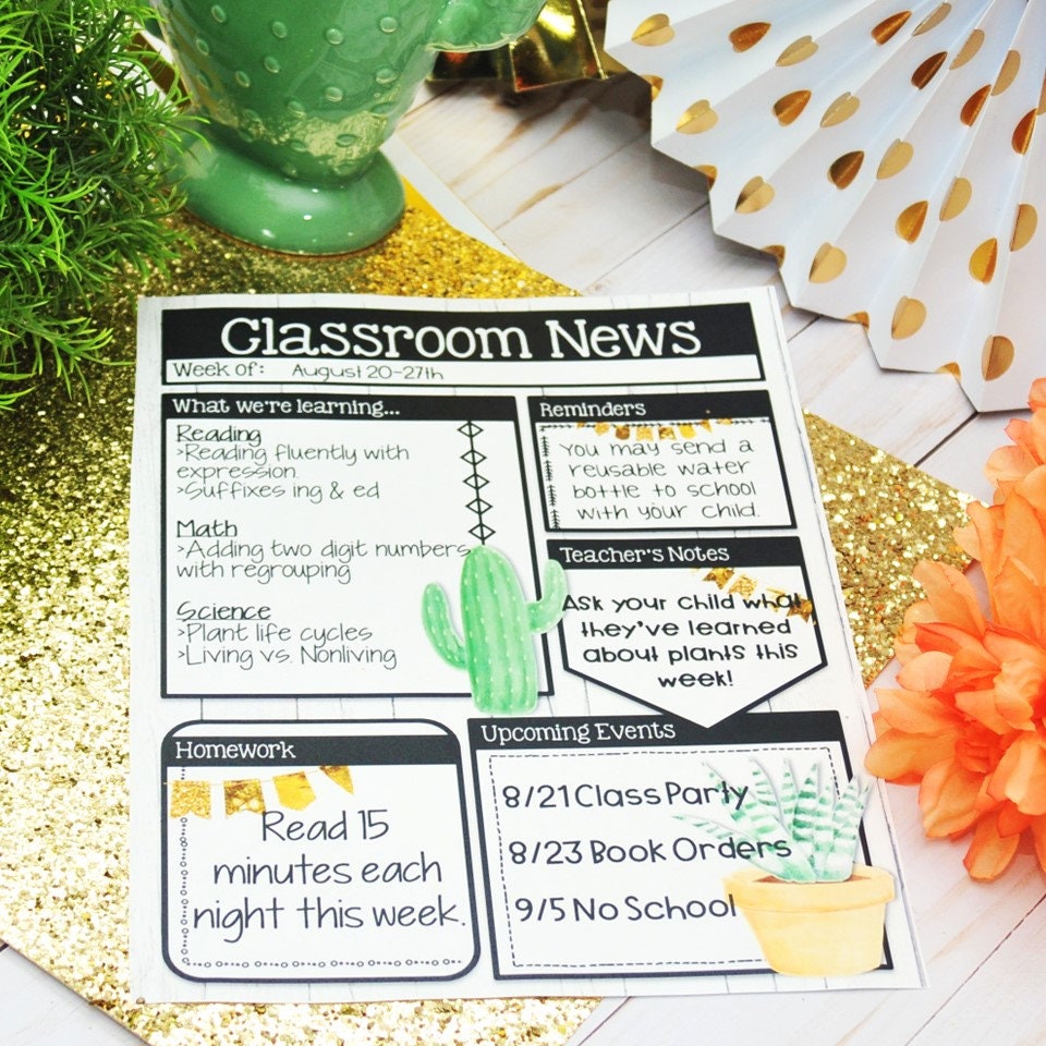 Editable Classroom Newsletter Template Cactus Classroom Decor Monthly ...