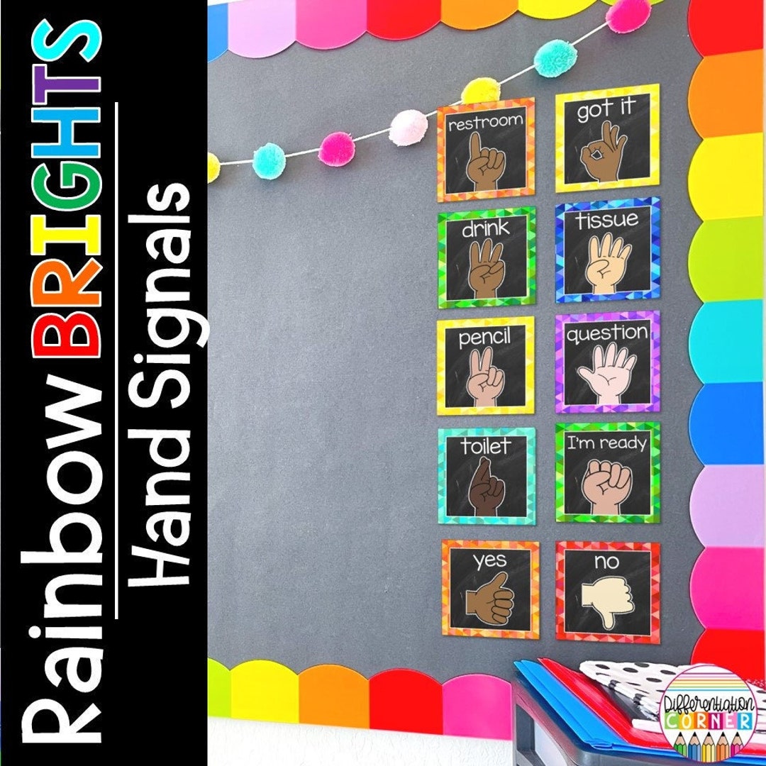 Classroom Hand Signal Posters, Rainbow Classroom Decor, Editable Hand ...