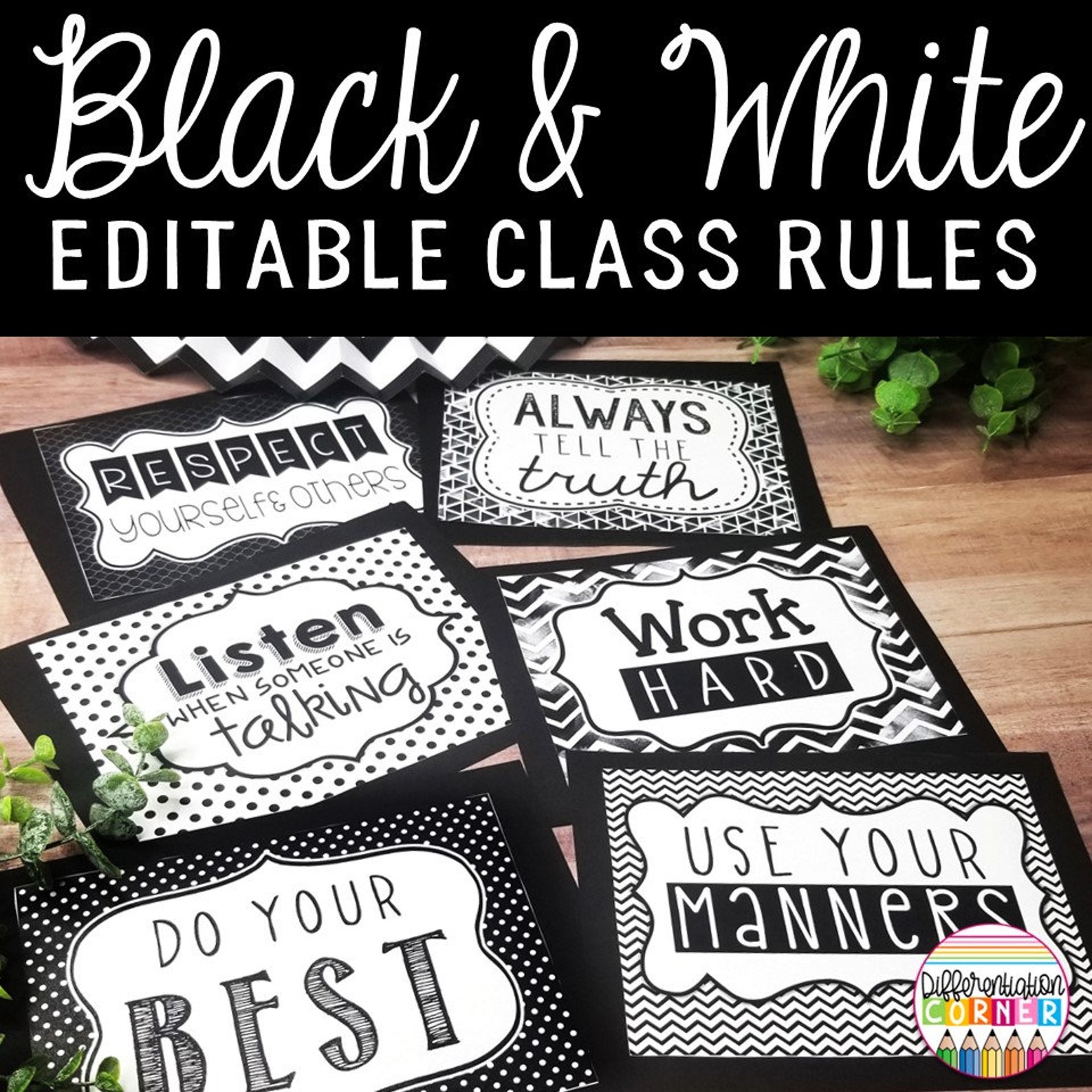 Editable Black And White Classroom Rules Posters Black And White Classroom Decor Modern