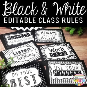 Editable Black and White Classroom Rules Posters Black and White ...