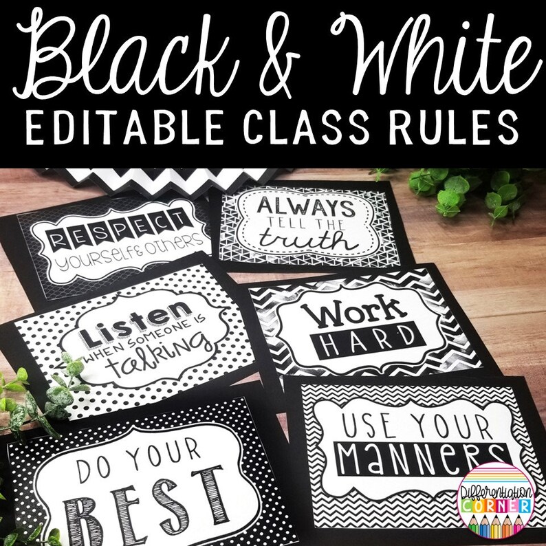 Editable Black and White Classroom Rules Posters Black and White ...