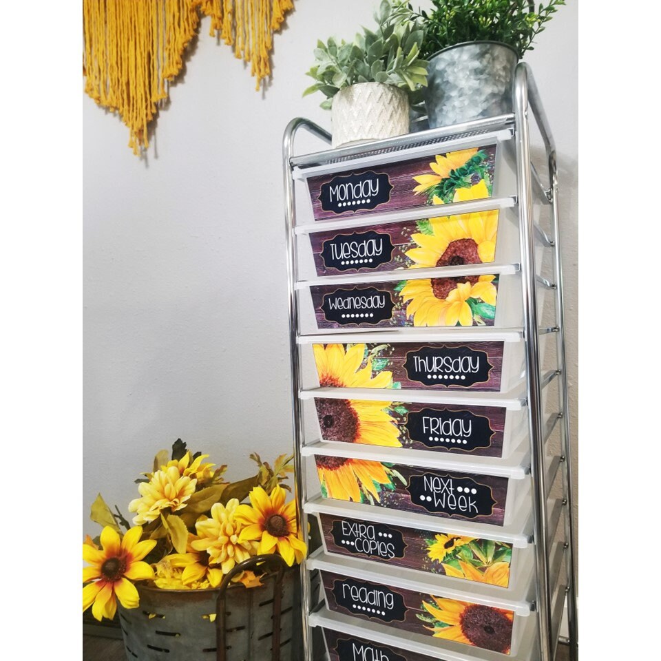 10 Drawer Cart Rolling Labels Editable Sunflower Farmhouse Classroom ...