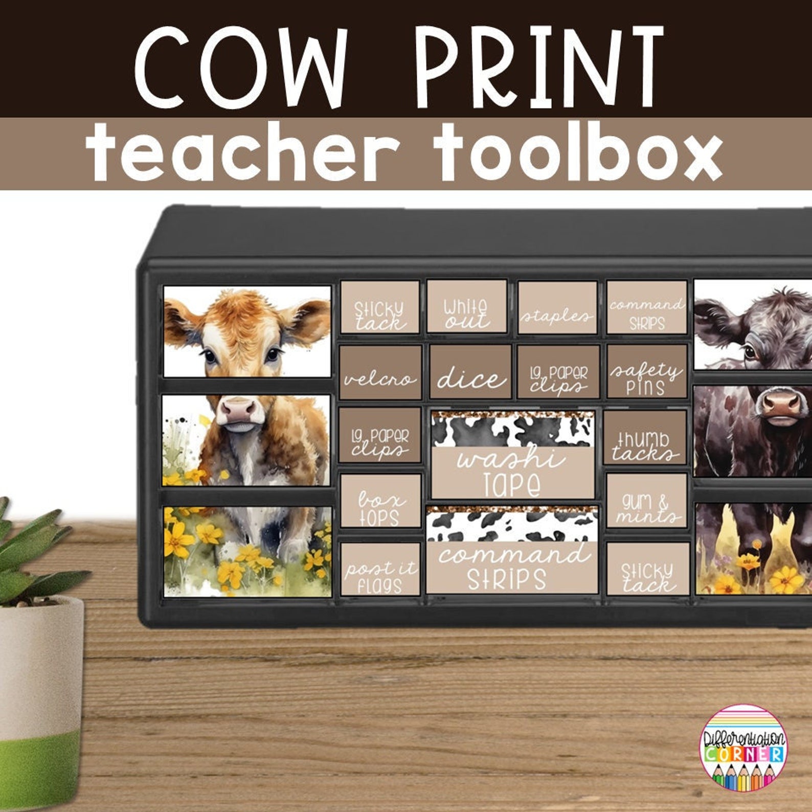 Cow Print Teacher Tool Box Labels Farmhouse Classroom Decor Teacher ...