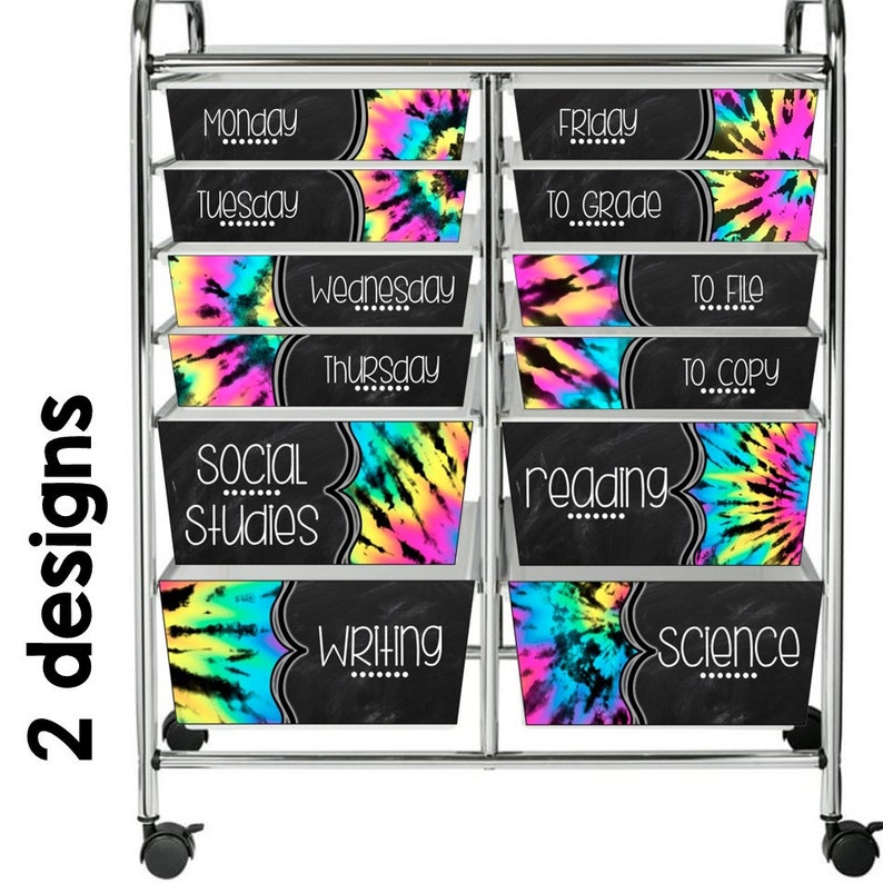 10 Drawer Rolling Cart Labels Editable Tie Dye Retro Classroom Decor ...