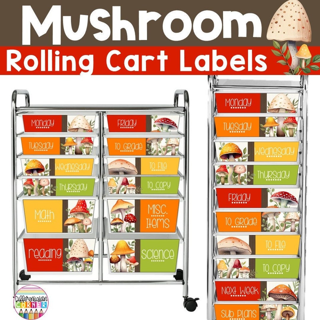 10 Drawer Rolling Cart Labels Editable Mushroom Retro Classroom Decor ...