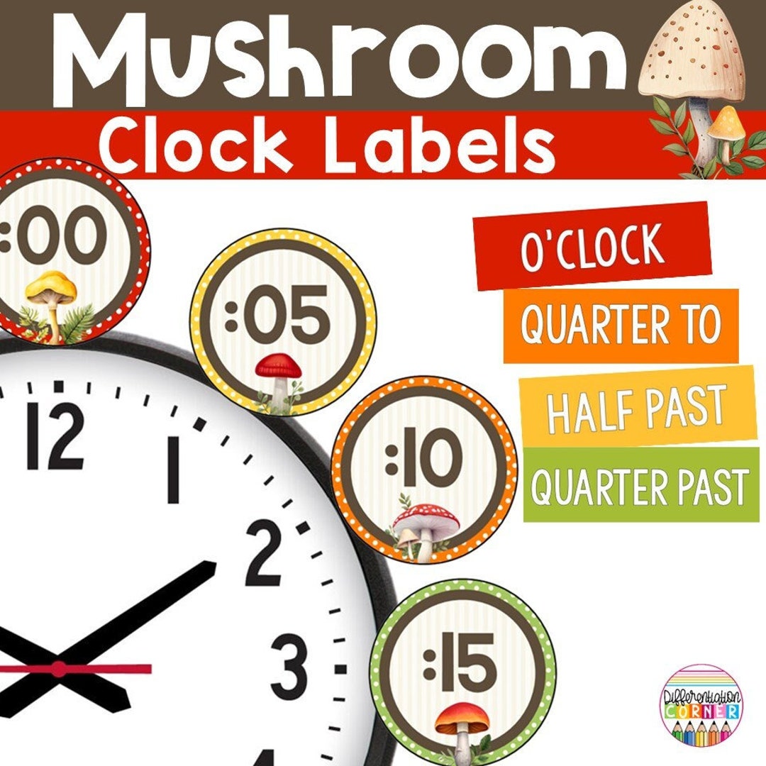 Mushroom Retro Clock Label Numbers in 5 Minute Intervals | Groovy ...