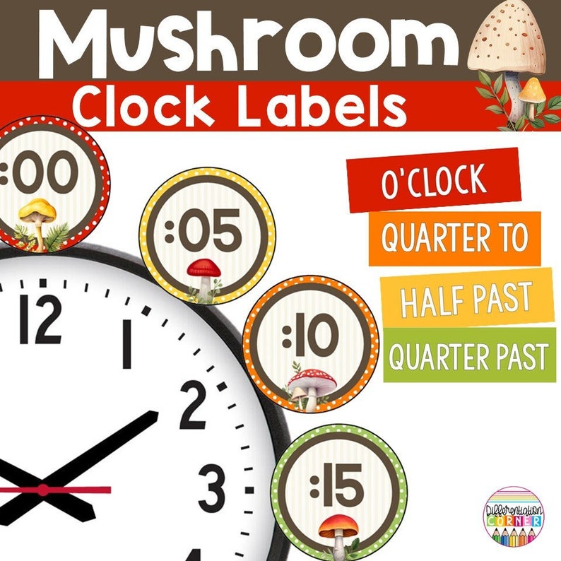 Mushroom Retro Clock Label Numbers in 5 Minute Intervals Groovy ...