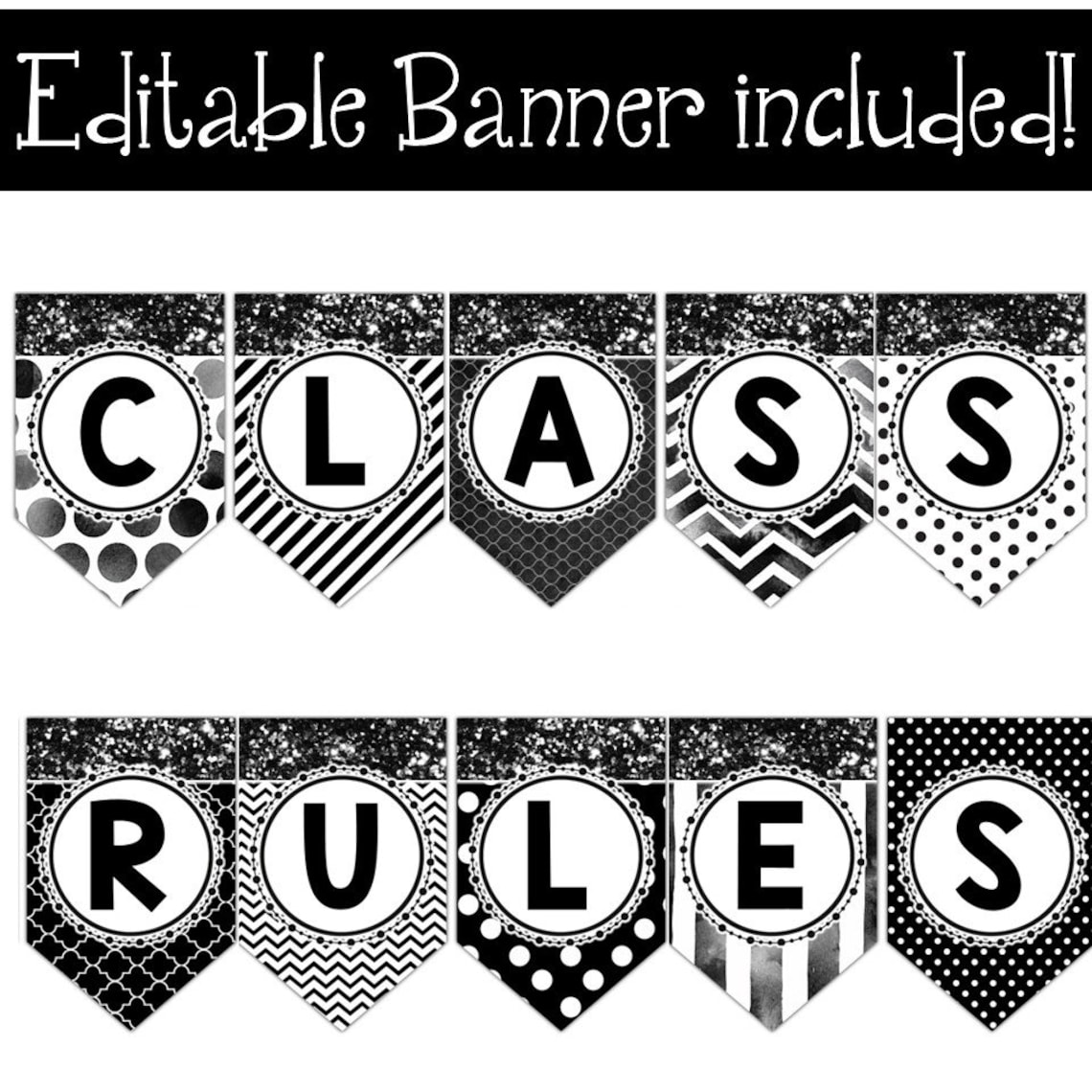 Editable Black and White Classroom Rules Posters Black and White ...