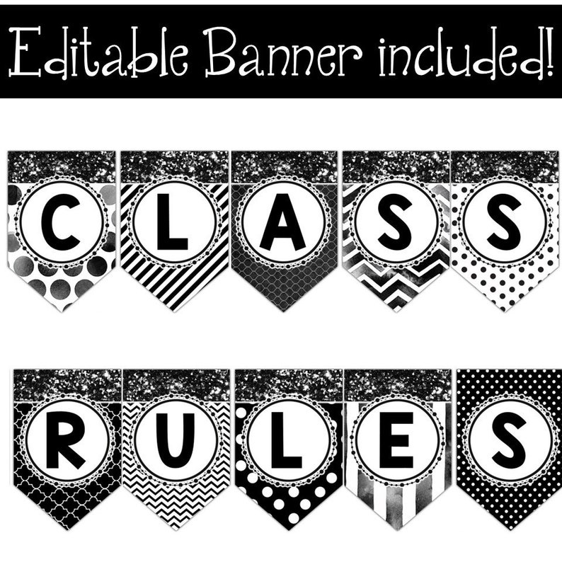 Editable Black and White Classroom Rules Posters Black and White ...