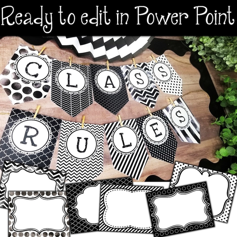 Editable Black and White Classroom Rules Posters Black and White ...