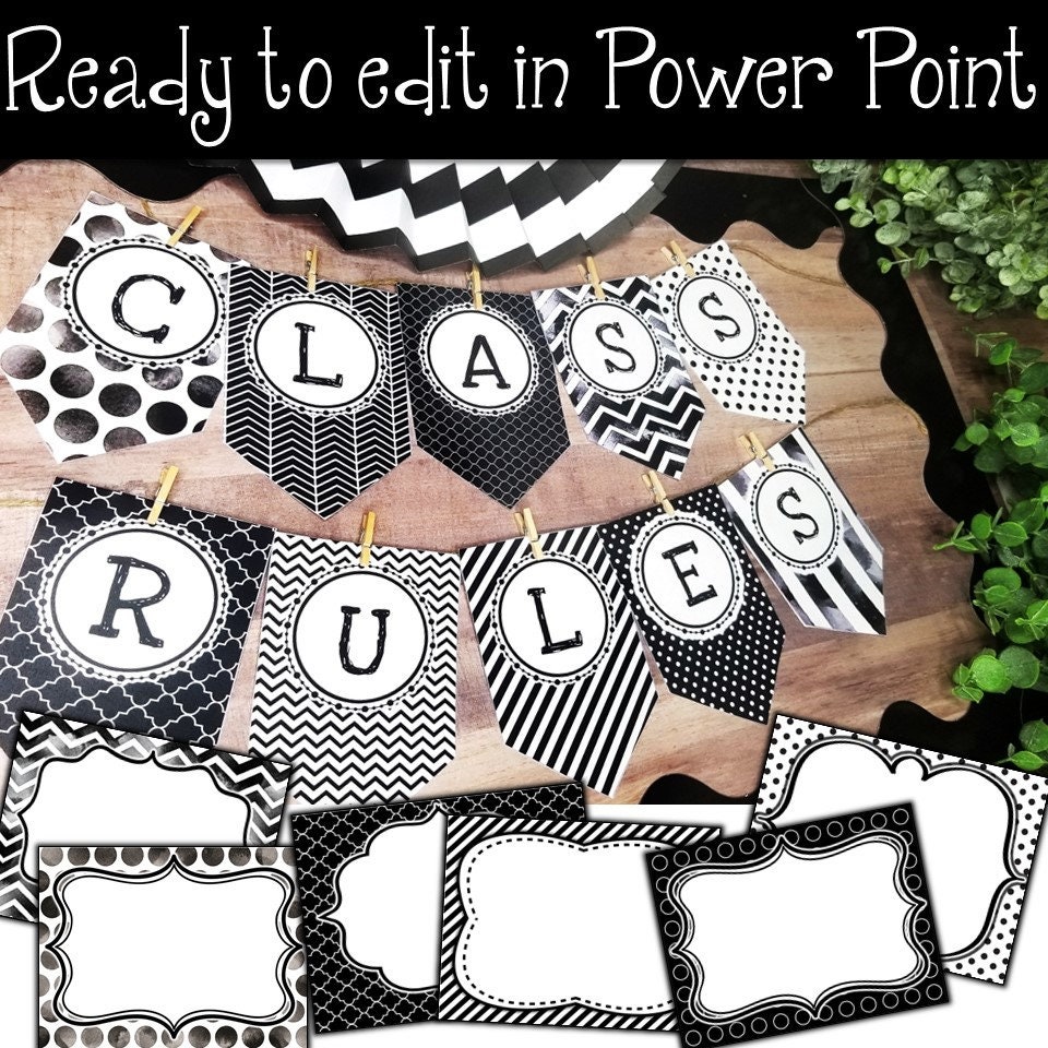Editable Black and White Classroom Rules Posters Black and White ...