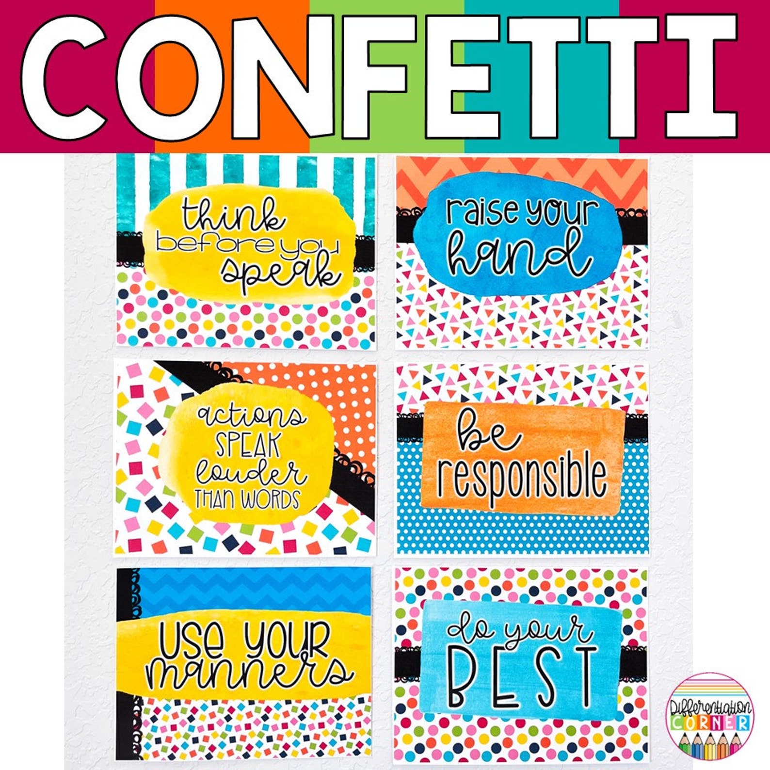 Editable Confetti Rainbow Classroom Rules Posters Confetti Rainbow ...
