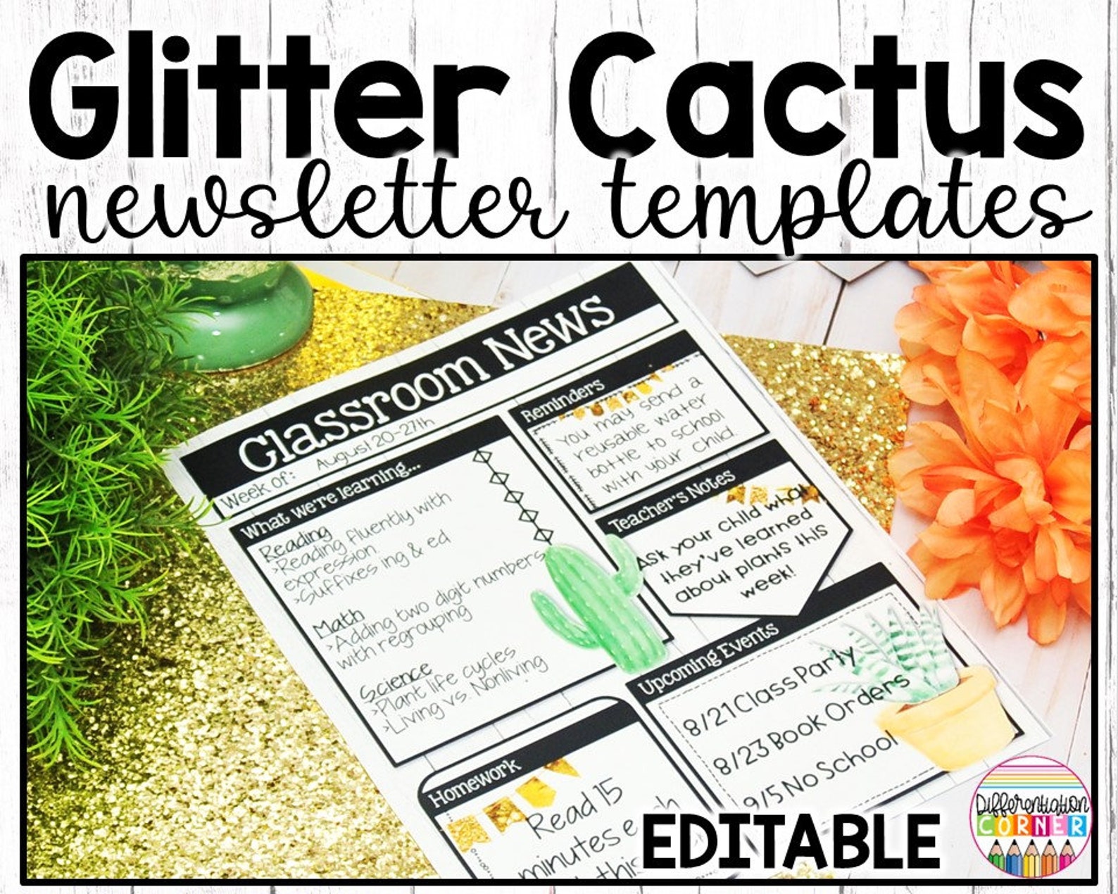 Editable Classroom Newsletter Template Cactus Classroom Decor Monthly ...