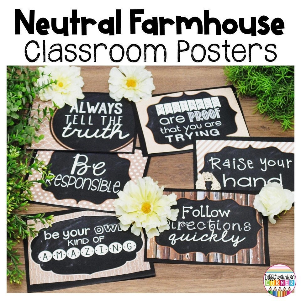 Editable Farmhouse Classroom Rules Posters Farmhouse Neutral Classroom ...